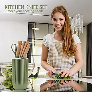 Kitchen Block Knife Sets, 6-Pieces Green Chef Knife Set with Removable Round Block, Non-stick & Non-slip Stainless Steel Sharp Knife Set for Restaurant Home Cooking, Gifts for Mom Wife Girl (Green)
