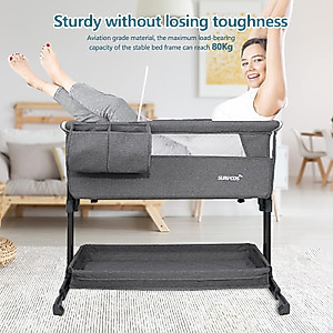 SURPCOS Baby Bassinet, Bedside Bassinet for Baby, Baby Cradle with Storage Basket, Adjustable Bedside Crib, Bedside Sleeper with Comfortable Mattress Grey