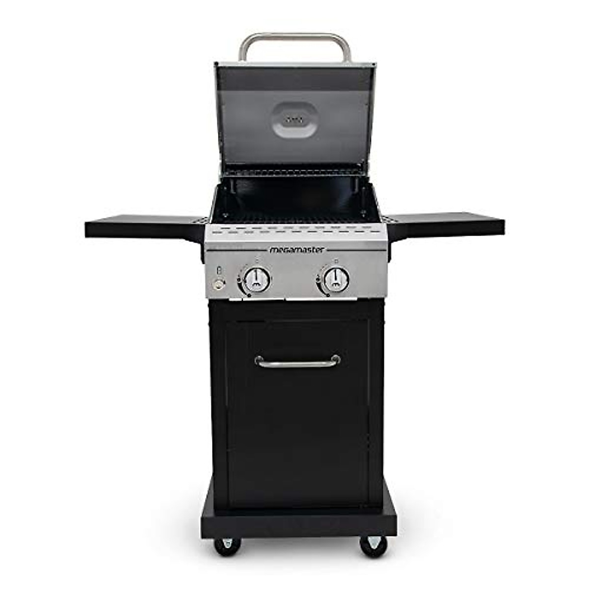 Megamaster 720-0864MA 2 Burner Propane Barbecue Gas Grill, for Camping, Outdoor Cooking, Patio, Garden Barbecue Grill, 28000 BTUs, with Foldable Side Table, Silver and Black