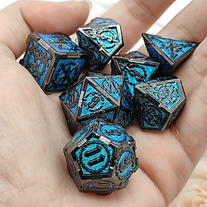 Metal DND Dice Set D&D Dungeons and Dragons Sword Dice Gift D20 Polyhedron Suitable for Rolling RPG MTG Pathfinder Board Game Accessories Free Velvet Bag-Black Nickel Glitter Blue