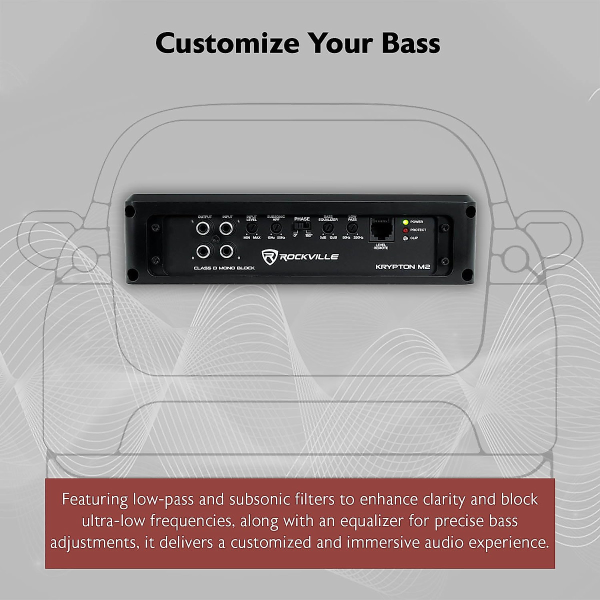 Rockville KRYPTON-M2 Mono Car Amplifier, 1 Ohm, 3000W, Class-D, EQ, Low Pass Filter, Dyno-Certified, Bass Remote, Perfect for Subwoofers and Car Audio