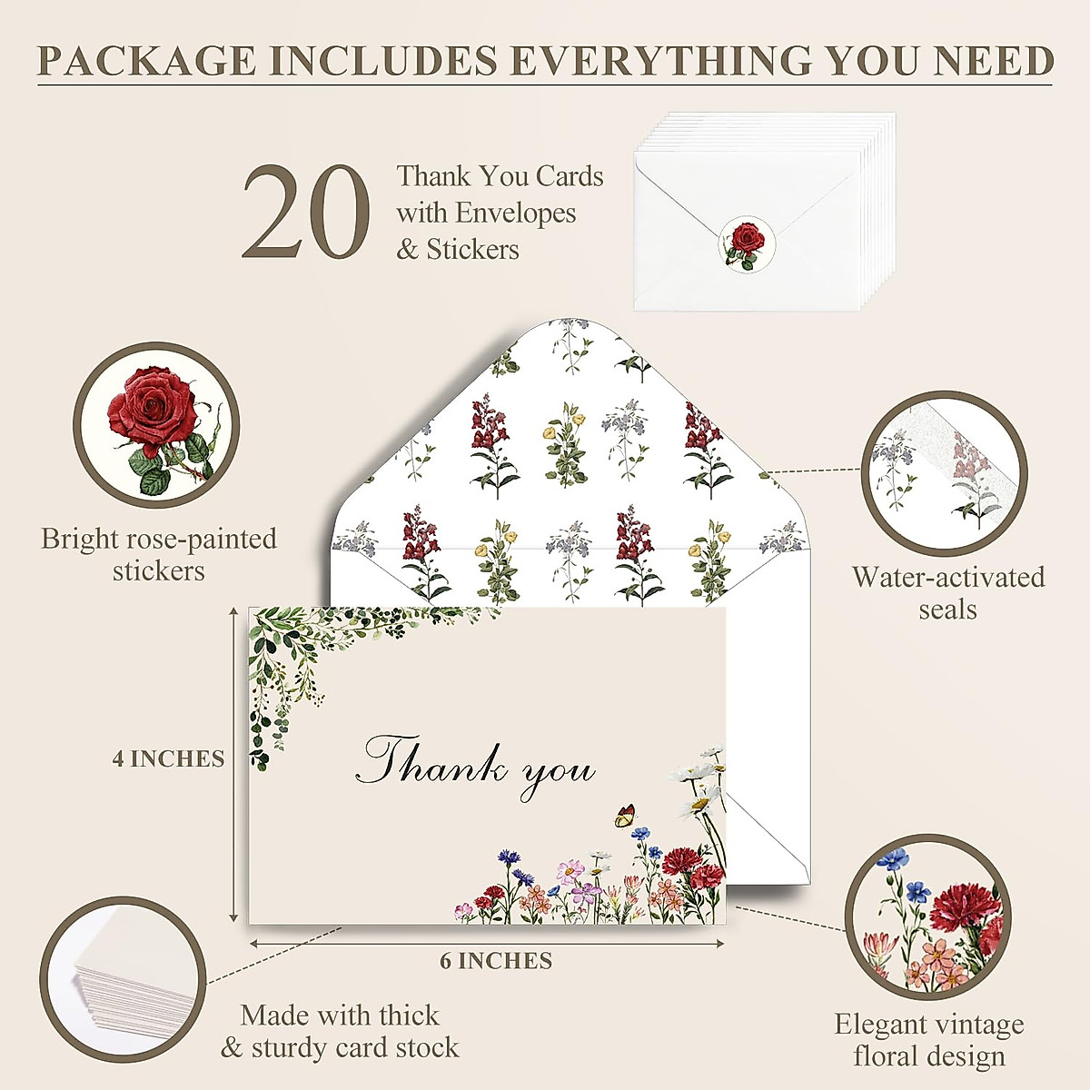 Thank You Cards, 4x6 Inch Vintage Flower Thank You Cards with Envelopes, Elegant Floral Design, Blank Thank You Cards Bulk for Birthday, Wedding, Anniversary, 20 Pack