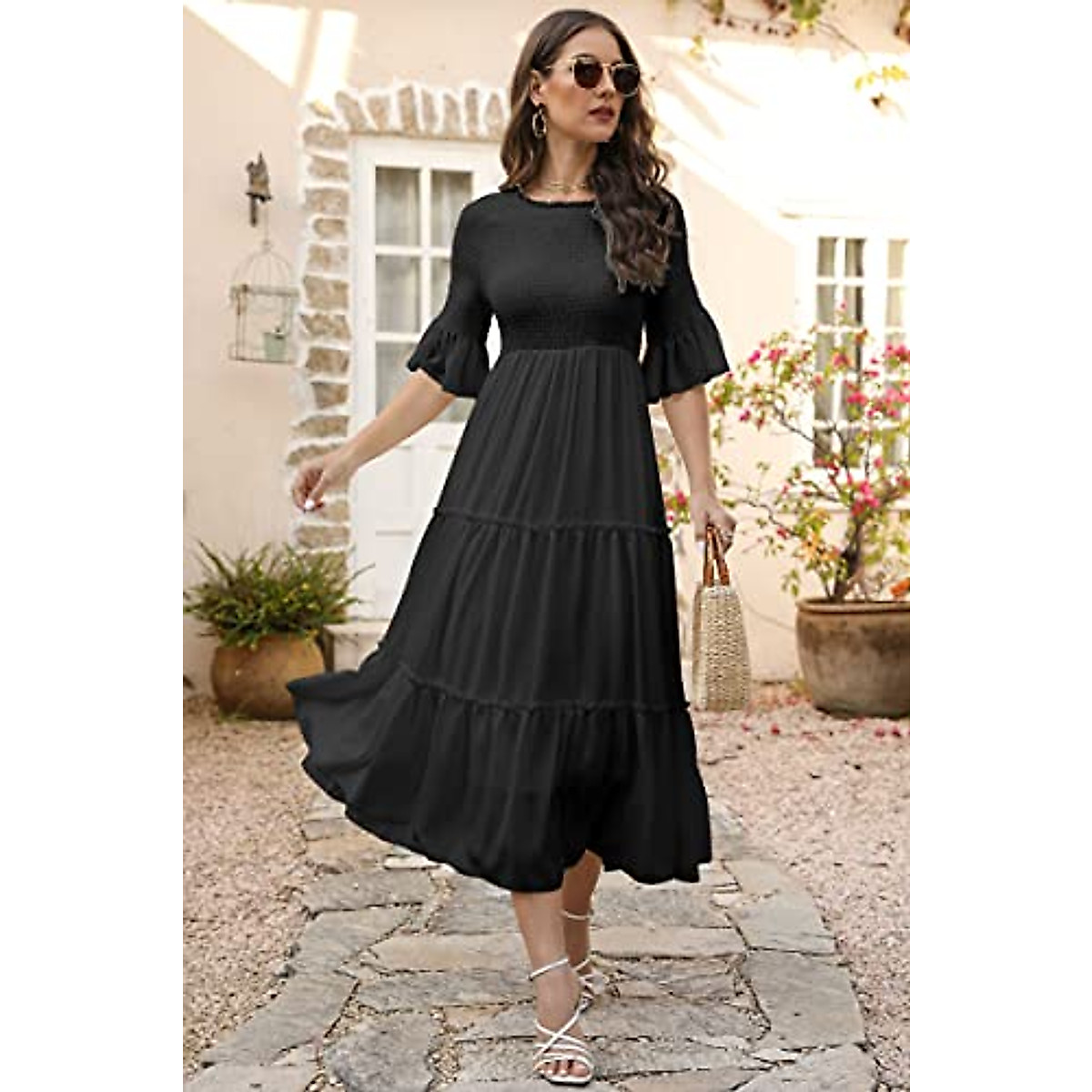 LILLUSORY Women's Black Funeral Dress 2023 Summer Trendy Casual Smocked Long Ruffle Tiered Flowy Midi Maxi Boho Dresses with Sleeves Black