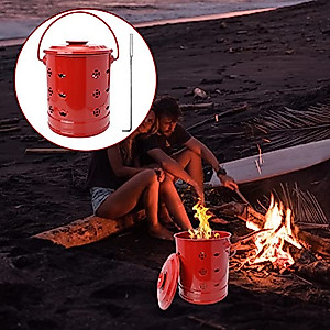 HANABASS Enamel Burn Barrel Incinerator Cages Fire Pits with Double Handle Fire Pit Poker Stick Metal Garden Fire Cage Debris Burn Bin Pot for Wood Paper Leaf Trash Backyard Bonfire