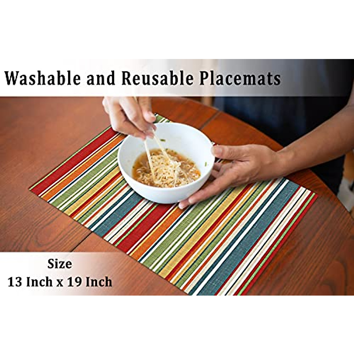 Ruvanti Placemats 100% Cotton 13x19 Inch, Dining Table Placemats Set of 6, Modern Place Mats for Dining Table Decor, Kitchen & Table Linens, Coffee Mat for Christmas Dinners – Multi Stripe