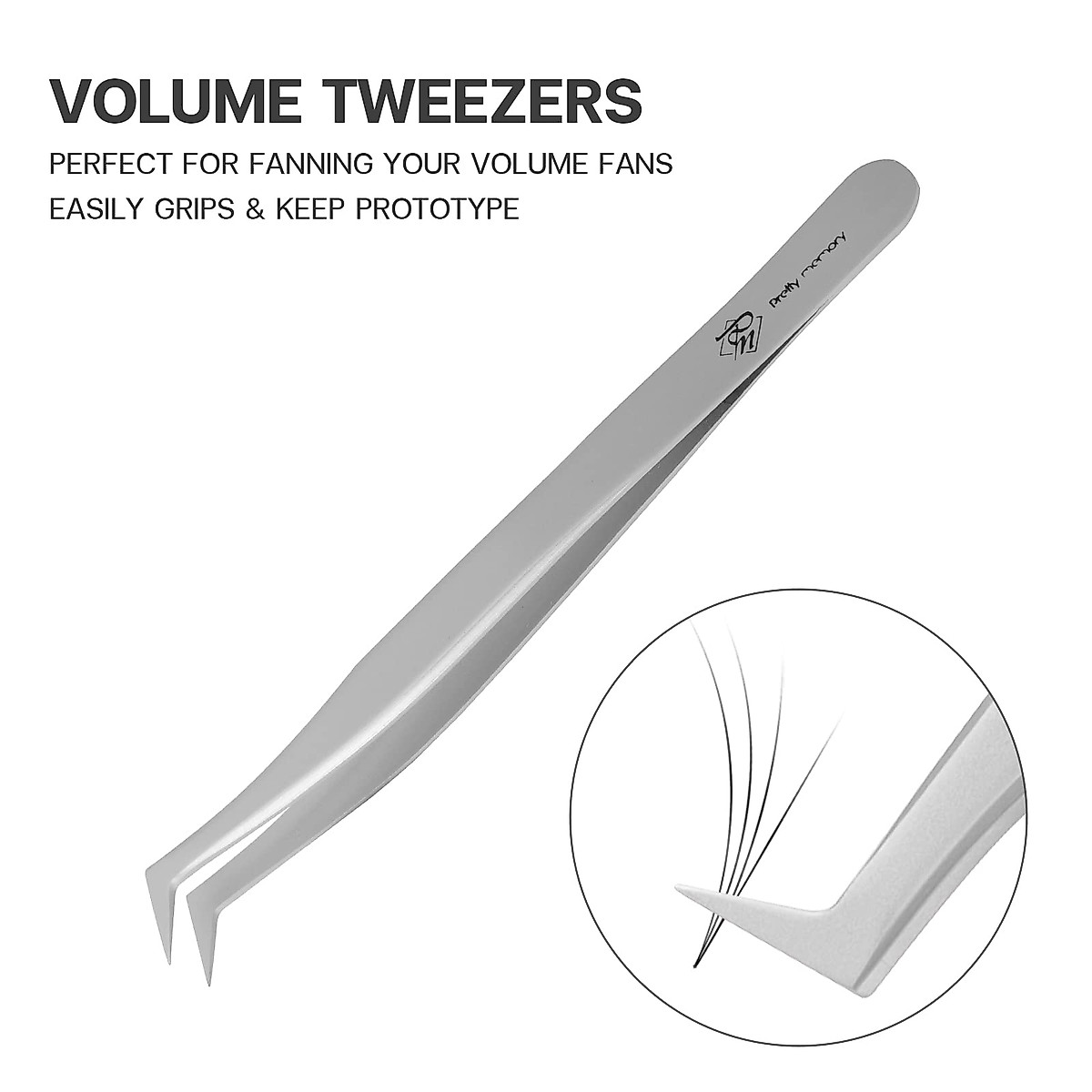 Pretty memory Volume Lash Tweezers, Stainless Steel Eyelash Extension Tweezers, Professional Precision Mega Curved Angled Tweezer, Silver