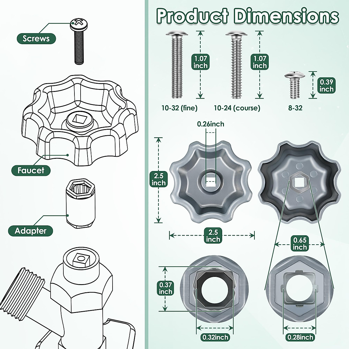 2 Pack Outdoor Faucet Handle, Water Spigot Handle Compatible with Danco 10006, Hose Bib Handle with Adapter and Screws for 8&12 Point Round Broach, 0.26", 0.28", 0.31"&0.38" Square Broach, Silver