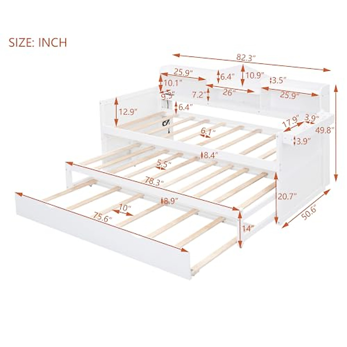 Linuque Twin Size Daybed with 2 Twin Trundles and Storage Shelf, Wooden Sofa Bed Frame with USB Charging Ports, No Box-Spring Needed, White