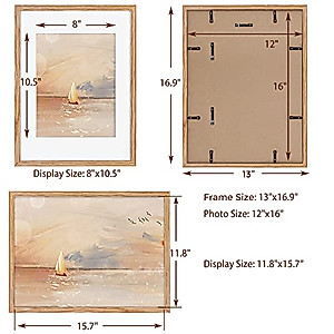 12x16 Picture Frame, Natural Solid Oak Wood Frame 12 x 16, 12"x16" Wood Frame with Tempered Glass, 12x16 Frame Matted to 8.5x11, Poster Frame 12x16 for Wall Decor
