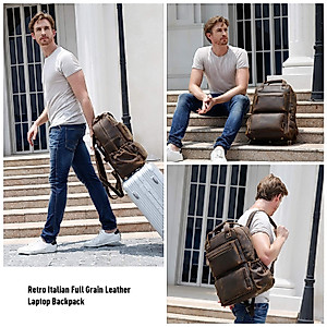 Polare Full Grain Leather 17.3‘’ Backpack Laptop Bag Camping Travel Rucksack Fits 15.6'' Laptop Dark Brown