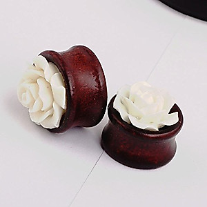 IPINK- Natural Bamboo Wood Hollow Ear Plug White Rose Flower Ear Tunnels (Pair of 00 gauge(10mm))