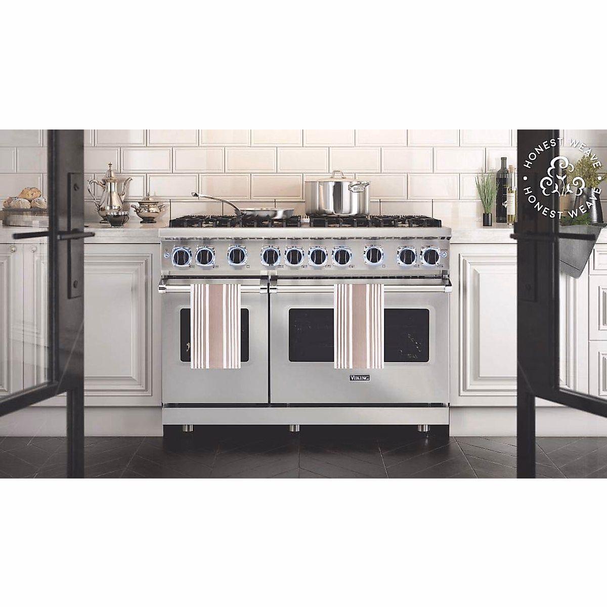 HONEST WEAVE GOTS Certified Organic Cotton Kitchen Hand and Dish Towel Sets - Oversized 20x30 inches, Fully Hemmed, in Designer Colors, 6-Pack, Sand Stripe