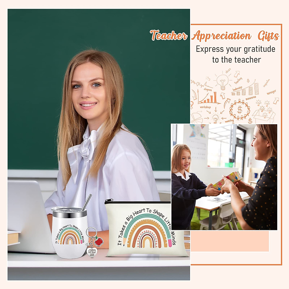 SEEWEY 3 Pieces Back to School Teacher Gifts Teacher Appreciation Gifts 12 oz Teacher Wine Stainless Steel Tumbler Makeup Bag Keychain Insulated Coffee Tumbler Canvas Cosmetic Bags Thank You Gifts