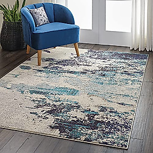 Nourison Celestial Modern Abstract Ivory/Teal Blue 5'3" x 7'3" Area-Rug, Easy-Cleaning, Non Shedding, Bed Room, Living Room, Dining Room, Kitchen (5x7)