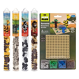PLUS PLUS - Safari 5 Piece Playset Bundle, Baseplate & 70 Piece Tubes - Construction Building Stem/Steam Toy, Interlocking Mini Puzzle Blocks for Kids