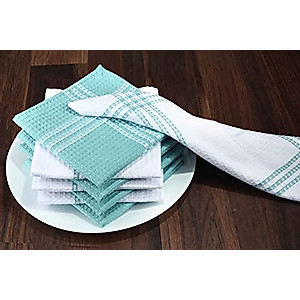 Gratico Dish Cloth Set of 8 Blue White Waffle Stripes 12X12 Inches Premium Soft Cotton Highly Absorbent Kitchen Towels Quick Drying Dish Towels with Hanging Loop Kitchen Tea Towels