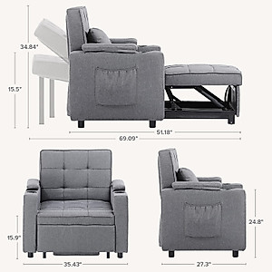 COMHOMA Convertible Sleeper Chair Bed, Armchair Bed Sleeper with Cup Holders, 3-in-1 Single Convertible Chair, Futon Chair Bed with Side Pocket, Pull Out Sleeper Bed for Living Room(Grey)