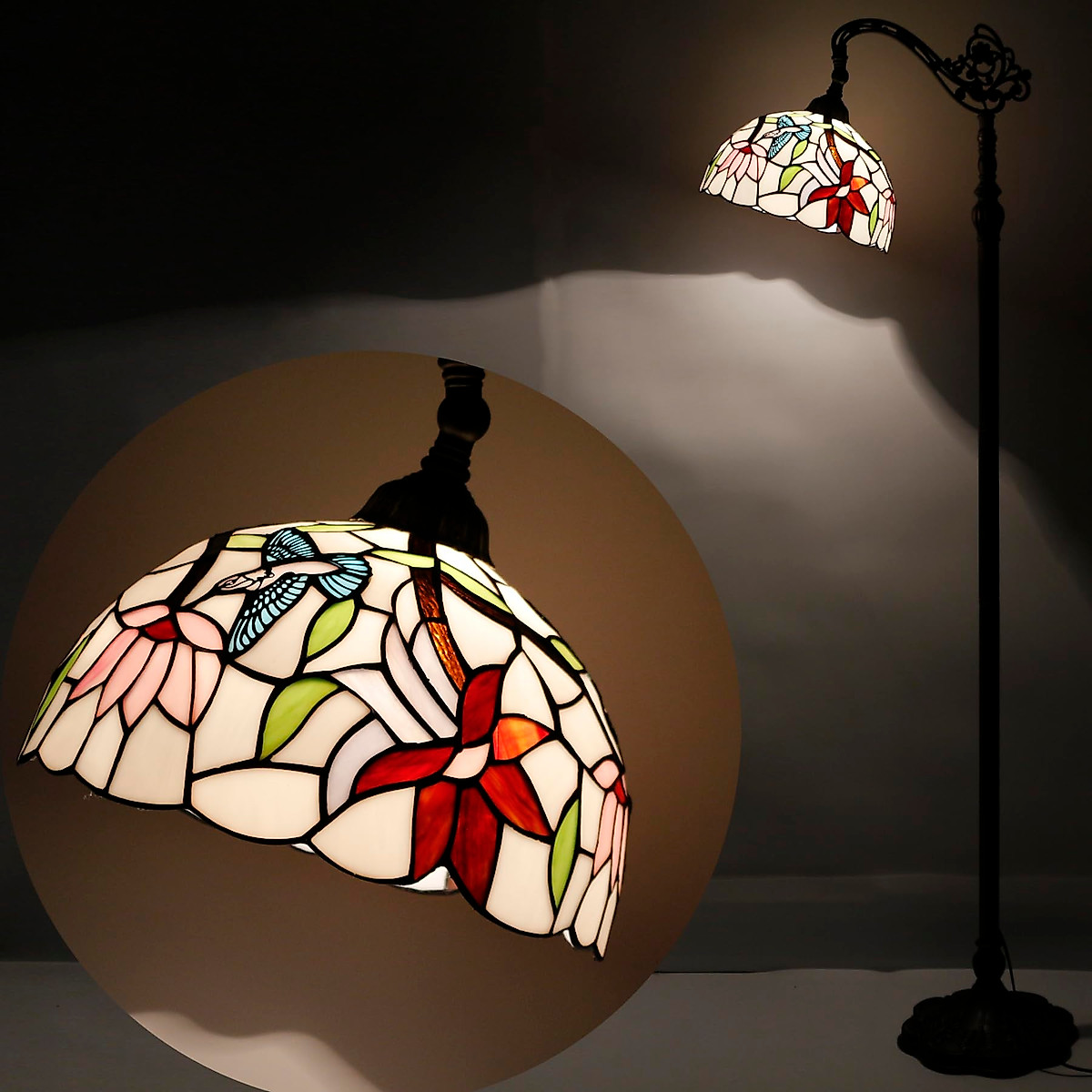 WERFACTORY Tiffany Floor Lamp Hummingbird Flower Stained Glass Arched Lamp 12X18X64 Inches Gooseneck Adjustable Corner Standing Reading Light Decor Bedroom Living Room S801 Series