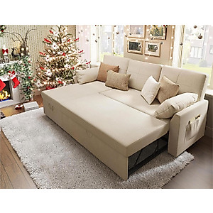 PaPaJet Sleeper Sofa Bed with Storage Chaise-2 in 1 Sectional Pull Out Couch Bed for Living Room, Beige
