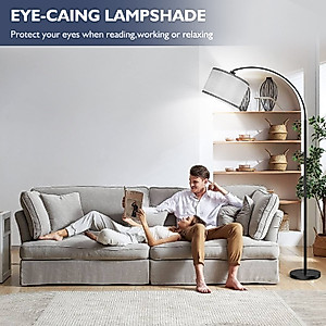 Arc Floor Lamps for Living Room, Modern Remote Control Standing Lamp with Stepless Dimmable, Black Tall Lamp with Gary Drum Shade, Over Couch Arched Reading Light for Bedroom, Office(Bulb Included)