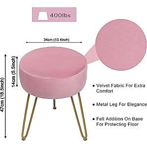 YOONIC Velvet Soft Modern Vanity Stool -Round Footrest Stool Ottoman Side Table Seat Dressing with Golden Metal Leg and Sponge Filling,Upholstered Foot Rest, for Living Room and Bedroom Pink