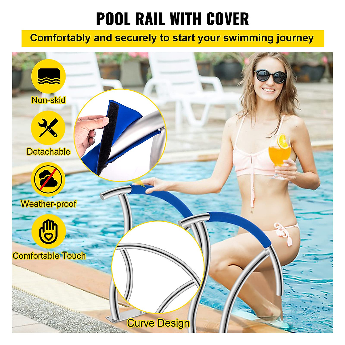 VEVOR Pool Handrail, 2Pack 30"x30" Swimming Pool Stair Rail, 304 Stainless Steel Stair Pool Hand Rail Rated 375lbs Load Capacity, Pool Rail with Quick Mount Base Plate, and Complete Mounting Accessory