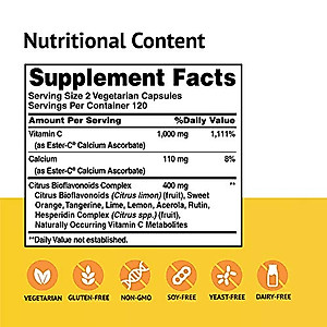 American Health EsterC with Bioflavonoids Vegetarian Capsules 24Hour Immune Support Gentle On Stomach NonAcidic Vitamin C NonGMO GlutenFree Vegan 500 mg 120 Servings, Citrus, 240 Count