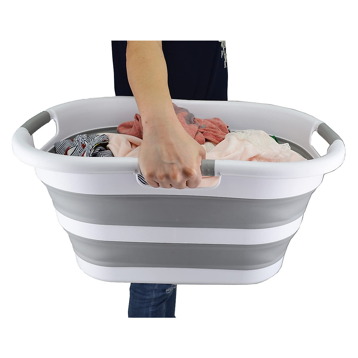 SAMMART 40L (10.5 Gallon) Collapsible Plastic Laundry Basket - Foldable Pop Up Storage Container/Organizer - Portable Washing Tub - Space Saving Hamper/Basket (1, White/Grey)