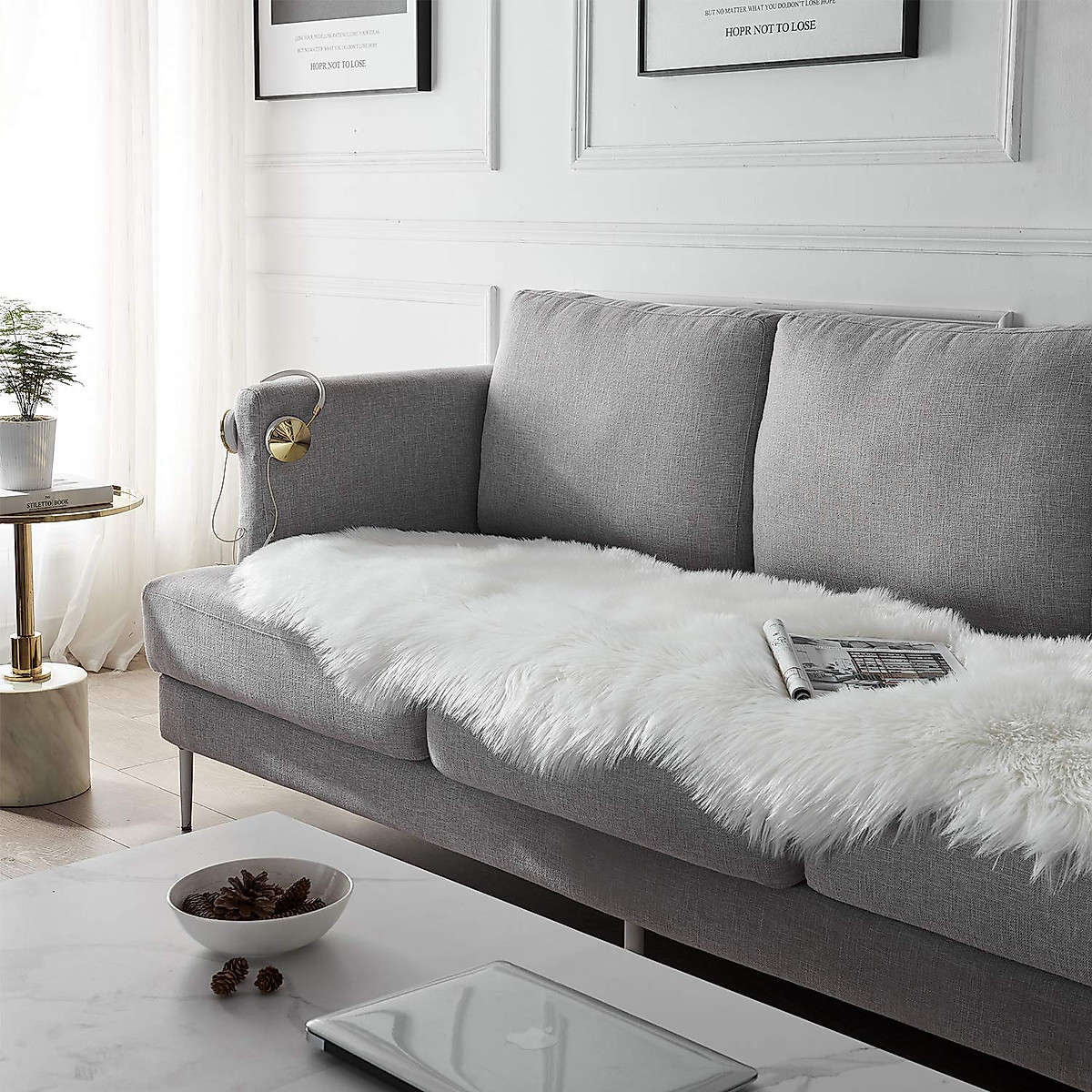 SERISSA Ultra Soft Fluffy Rug White Faux Sheepskin Fur Area Rug Shaggy Couch Cover Seat Cushion Furry Carpet Beside Rugs for Bedroom Floor Sofa Living Room Runner 2x6 Feet White