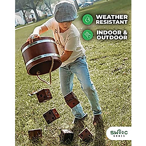 SWOOC Games - Yardzee, Farkle & 20+ Giant Dice Games (All Weather) Yard Dice with Wooden Bucket, 5 Scorecards & Marker - Jumbo Dice Yard Game - Extra Large Yard Games for Adults - Jumbo Lawn Games