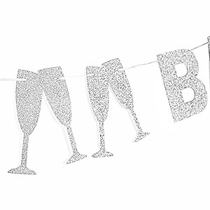 LINGTEER Bubbly Bar Silver Glitter Bunting Banner - Cheers to Wedding Bridal Shower Bachelorette Drinking Party Backdrop Decorations.[Pre-Strung]