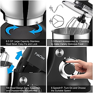 BONISO Stand Mixer,6.5-QT 800W 6-Speed Tilt-Head Food Mixer, Kitchen Electric Mixer with Dough Hook, Wire Whip & Beater