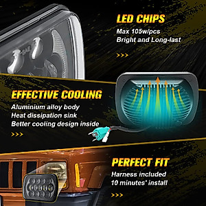 SPL 105W Brightest 5x7 7x6 Projector Led Headlights Sealed Beam H4 Plug H6054 H5054 with DRL Compatible with Jeep Wrangler YJ Cherokee XJ Ford Chevy GMC Toyota etc(Black Pair)