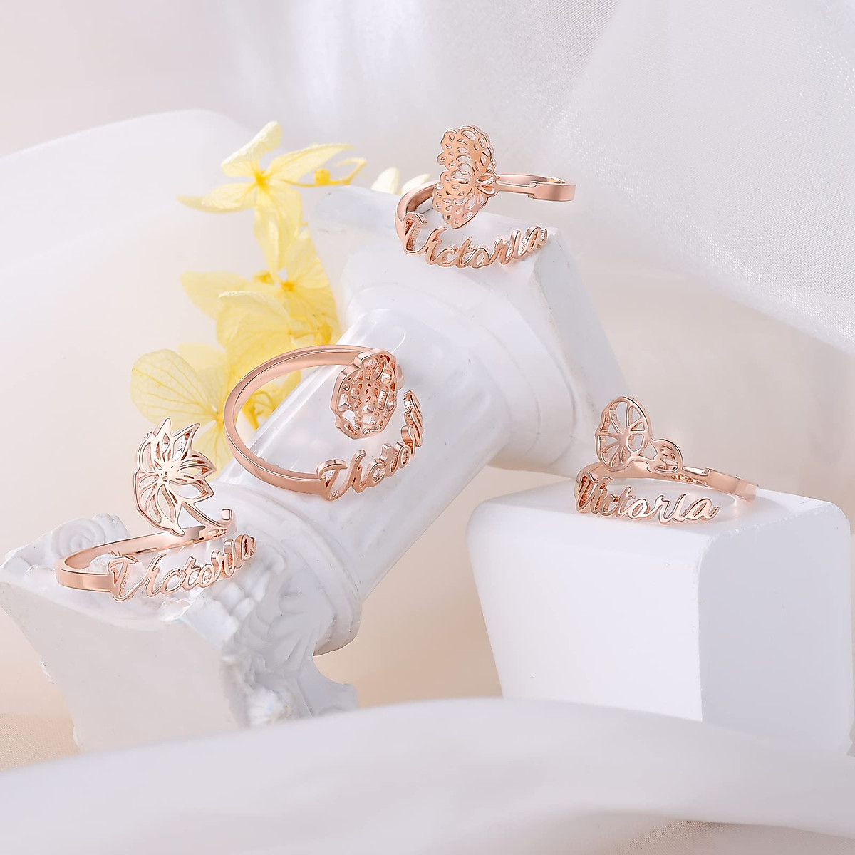 Personalized Name Ring for Women, Custom Adjustable Birth Flower Ring with Names Promise Birth Flower Ring for Her Gift for Women BFF (Rose Gold)