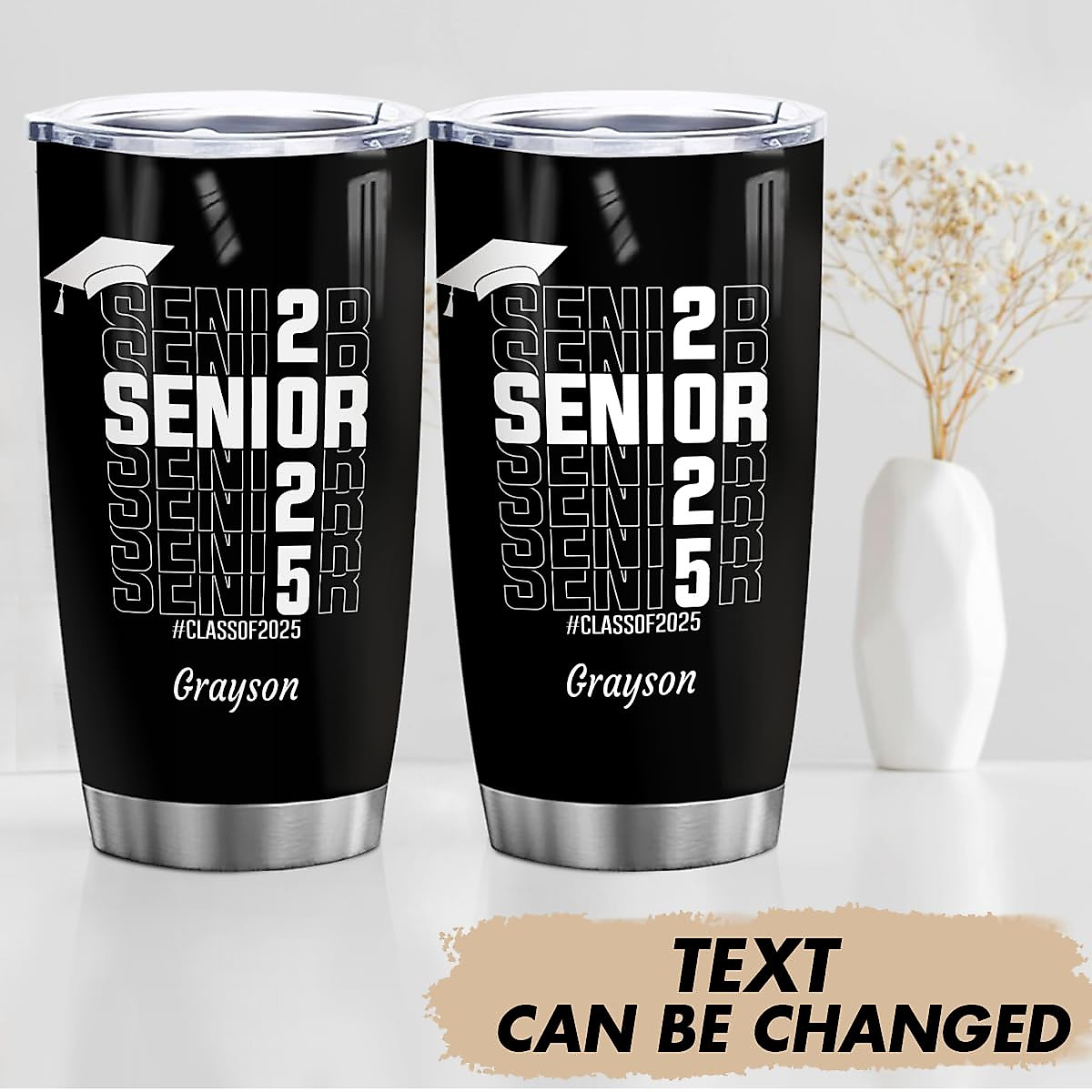 Graduation Tumbler Senior Class of 2025 Personalized Gifts for College & High School Students - Custom Graduation Cups (Black)