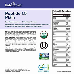 KATE FARMS Organic Vegan Plant Based Pediatric Peptide 1.5 Formula, Unflavored Plain, Sole-Source Nutrition, Organic Enzymatically Hydrolyzed Plant-Based Protein Drink, Meal Replacement for Oral or Tube Feeding, 8.45oz. (Pack of 12)