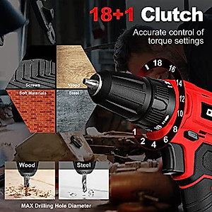 QILA 20V MAX Cordless Drill and Driver, 3/8'' Keyless Chuck, Power Drill Cordless Set with 2.0Ah Battery & Charger, Electric Drill with Variable Speed, 2 Variable Speed, 18+1Position, 22pcs Drill Bits