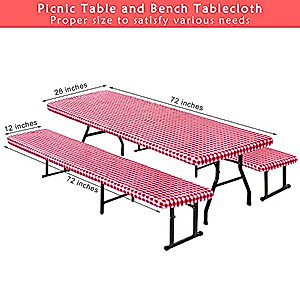 TURSTIN 3 Pieces 72 Inch Vinyl Picnic Table and Bench Fitted Tablecloth Cover Elastic Plastic Tablecloth Waterproof Checkered Table Cover for Picnic Indoor Outdoor Dining, Red and White