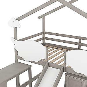 BIADNBZ Twin Size House Bed Frame with Slide, Pullable Storage Desk and Wardrobe Storage, Wooden Low Bedframe w/Wing-Shaped Fence and Ladder, for Kids Teens Bedroom Dorm, Worn Gray+White