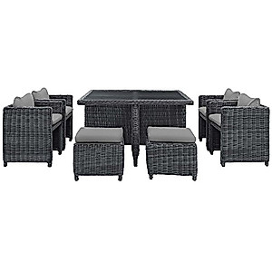 Modway Summon Wicker Rattan Outdoor Patio Sunbrella 9-pc Dining Set in Canvas Gray