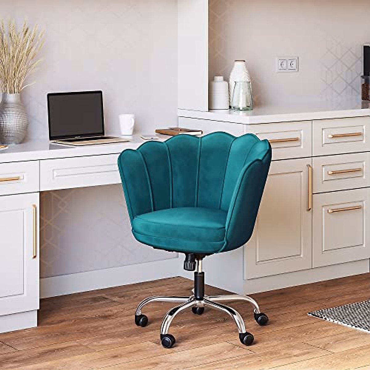 BELLEZE Upholstered Velvet Seashell Accent Chair, Rolling Swivel Office Vanity Unique Cute Decorative, Armless Stylish Comfy, Adjustable Height - Kaylee (Green)