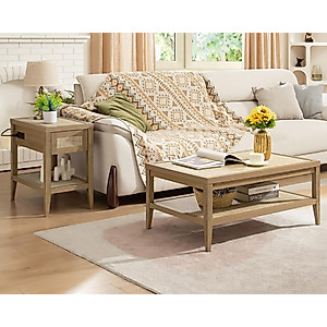 SICOTAS Rattan Coffee Table for Living Room - Boho Rectangle Center Coffee Tables with 2-Tier Rattan Storage Shelves - Accent Sofa Side Table for Small Space