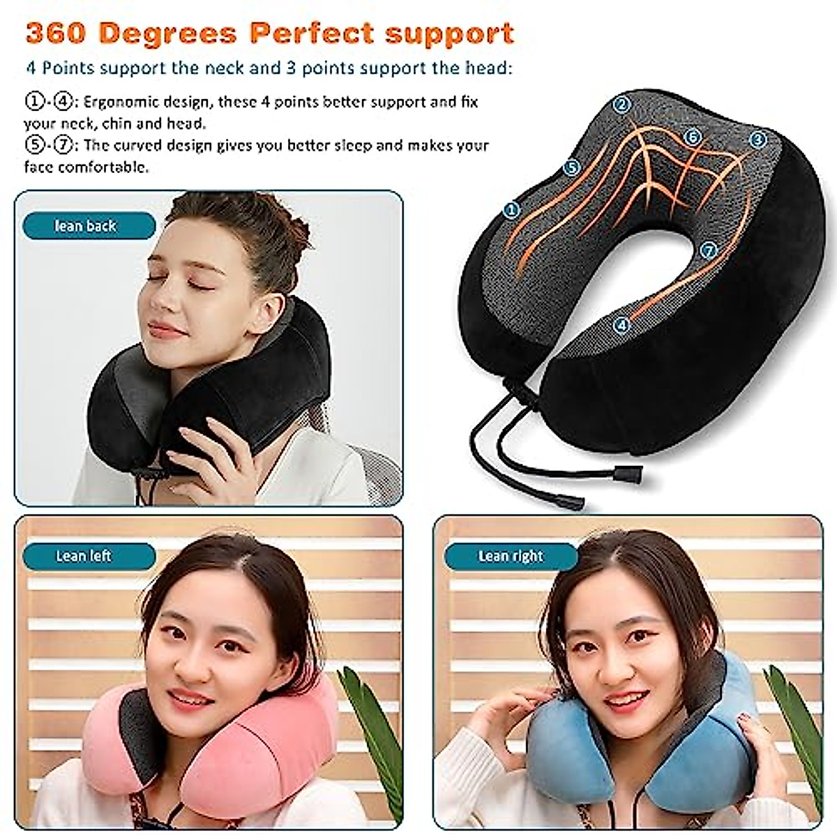 KLERICER Travel Neck Pillow, Memory Foam Neck Pillow for Airplane, Portable 360°Head Support Travel Foam Neck Pillow, with Eye Mask,Earplug and Carry Bag for Airplane, Sleeping, Office (Black)
