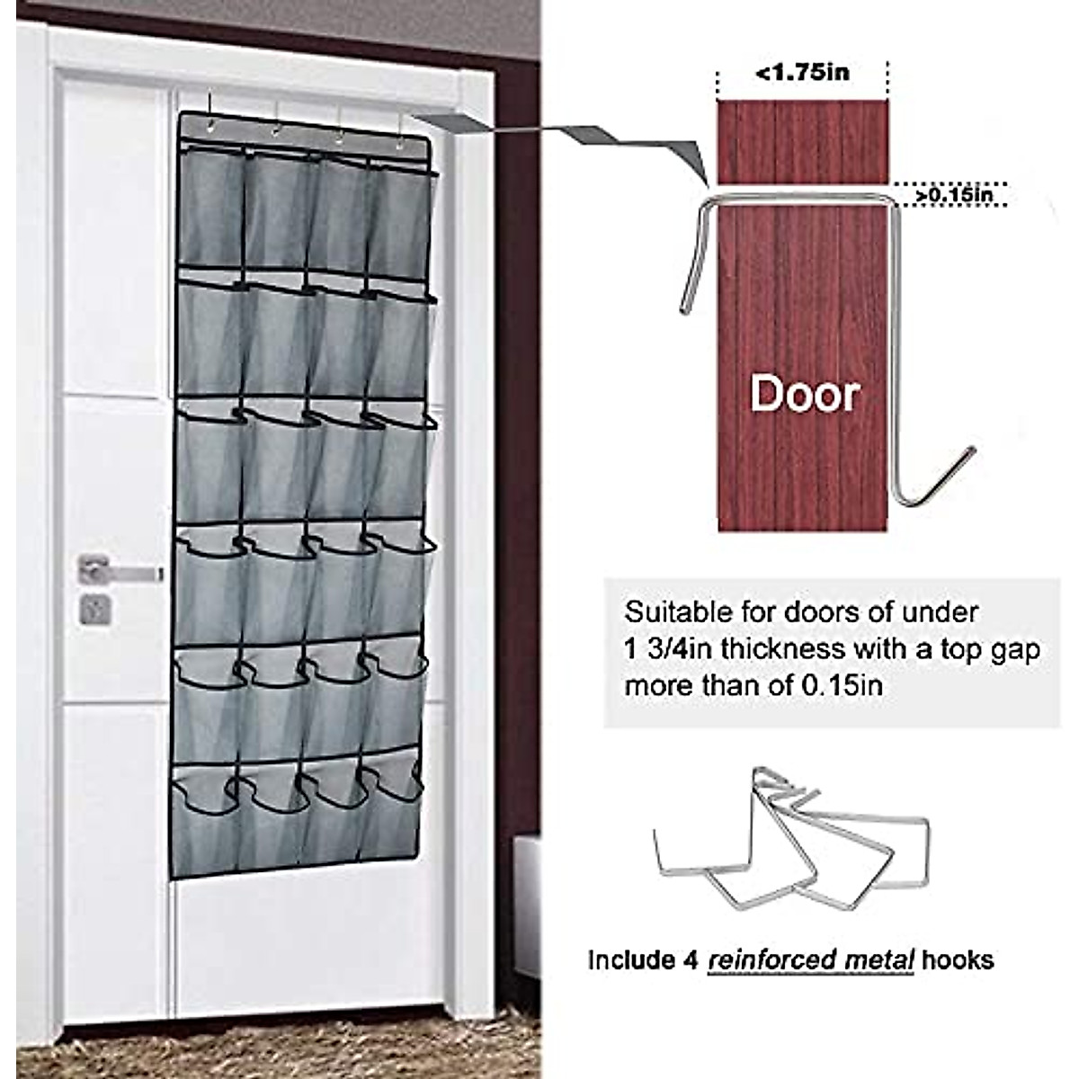 Over The Door Hanging Shoe Organizer 24 Extra Large Mesh Pockets Hanging Shoe Rack Holders for Closet Storage Men Sneakers,High Heeled Shoes,Double Stitching with 4 Metal Hooks,Gray 65.4"X23.6"