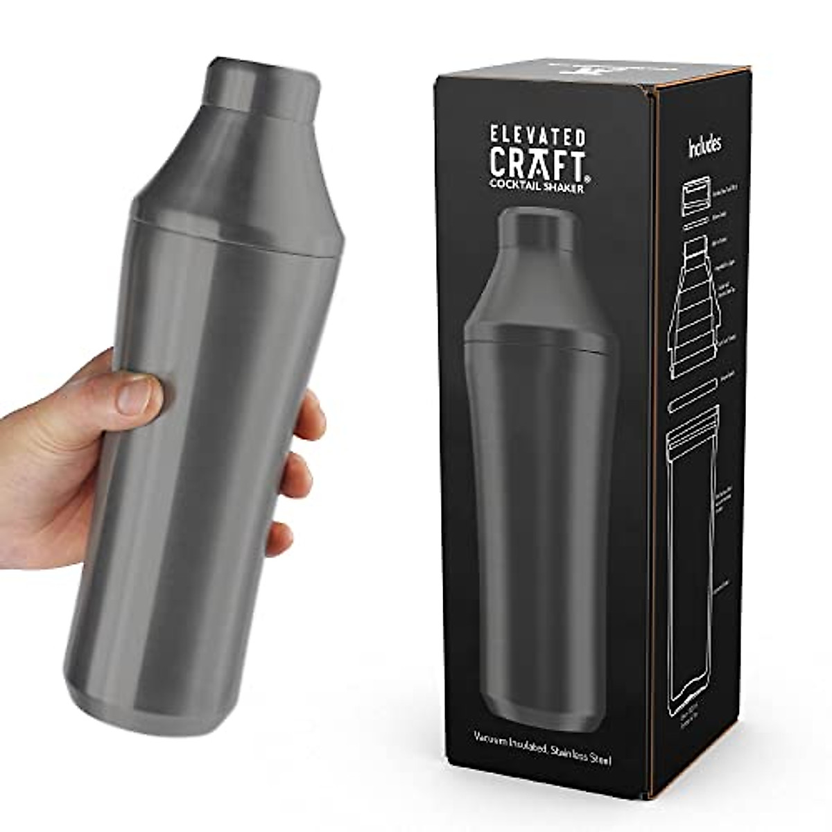 Elevated Craft Hybrid Cocktail Shaker - Premium Vacuum Insulated Stainless Steel Gunmetal Cocktail Shaker - Innovative Measuring System - Martini Shaker for the Home Bartender - 28oz Total Volume
