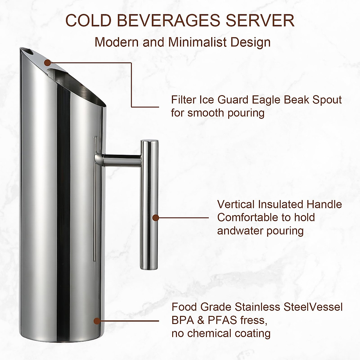 Water Pitcher Stainless Steel Serive Tool Food Grade for Restaurant, Home, Hotel, Jug with Ice Guard and Handle, Perfect for Cold Water, Iced Tea, Coffee, Juice or Cold Beverages - 49 Oz / 1.4 Littre
