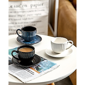 Hasense 4 Oz Espresso Cups with Saucers Set of 4, Ribbed Cappuccino Cups Ceramic for Coffee,Espresso,Double shot,Latte and Macchiato, Demitasse Cups Set Aesthetic Gift, Blue