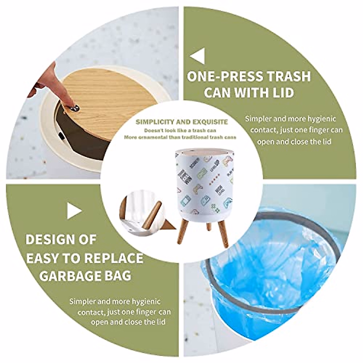 QOR88NJOG Trash Can with Lid Gamepad Seamless Texture with Console Videogame Controllers and Game Wood Small Garbage Bin Waste Bin for Kitchen Bathroom Bedroom Press Cover Wastebasket 7L/1.8 Gallon