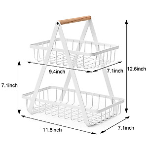 2-Tier Fruit Basket, Metal Fruit Bowl Bread Baskets Countertop Vegatable Storage Stand for Kitchen, White