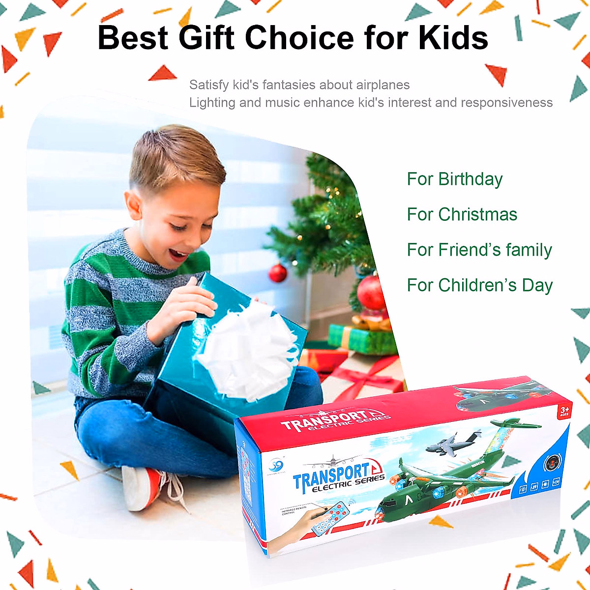 Airplane Toy, LiveGo Bump and Go Electric Detachable Plane Toys with LED Flashing Light Music Remote Control Battery Operated for Kids Boys Girls Toddler Travel 3-7 Year Old Birthday Gift, Green